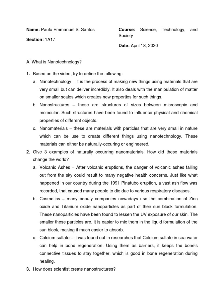 STS Take Home Task 5 (Santos, 1A17) PDF | PDF | Nanotechnology ...