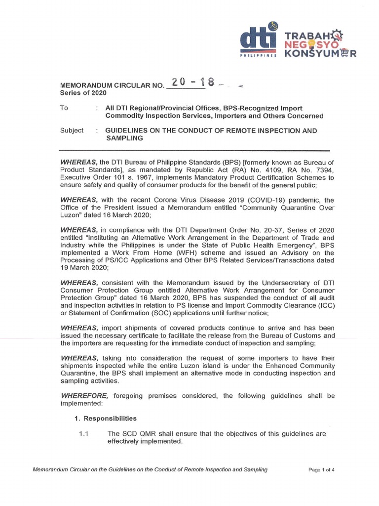 DTI MC 20-18 - Guidelines On The Conduct of Remote Inspection and ...