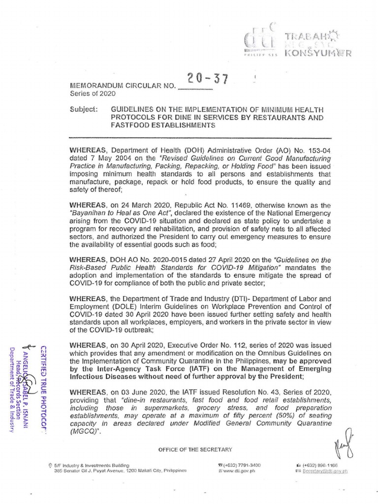 DTI MC 20-37 - Guidelines On The Implementation of Minimum Health ...