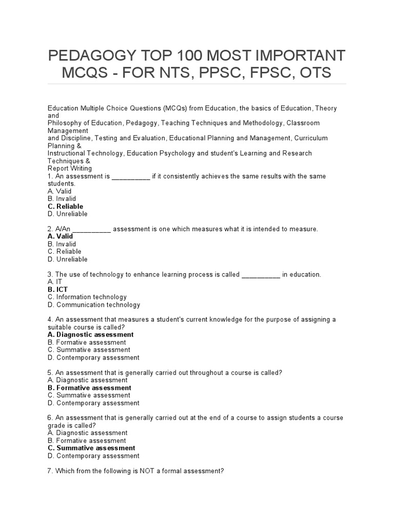 Pedagogy Top 100 Most Important MCQS | PDF | Educational Assessment | Psychology
