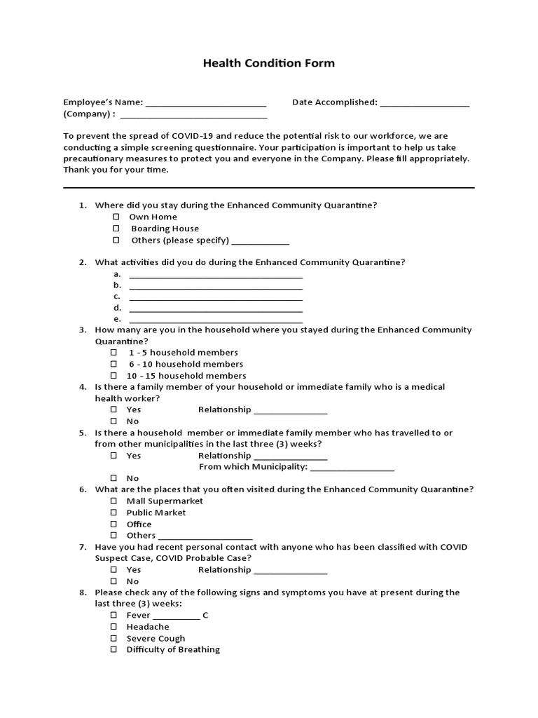 Health Condition Form Questionnaire - FINAL | PDF | Quarantine | Medicine