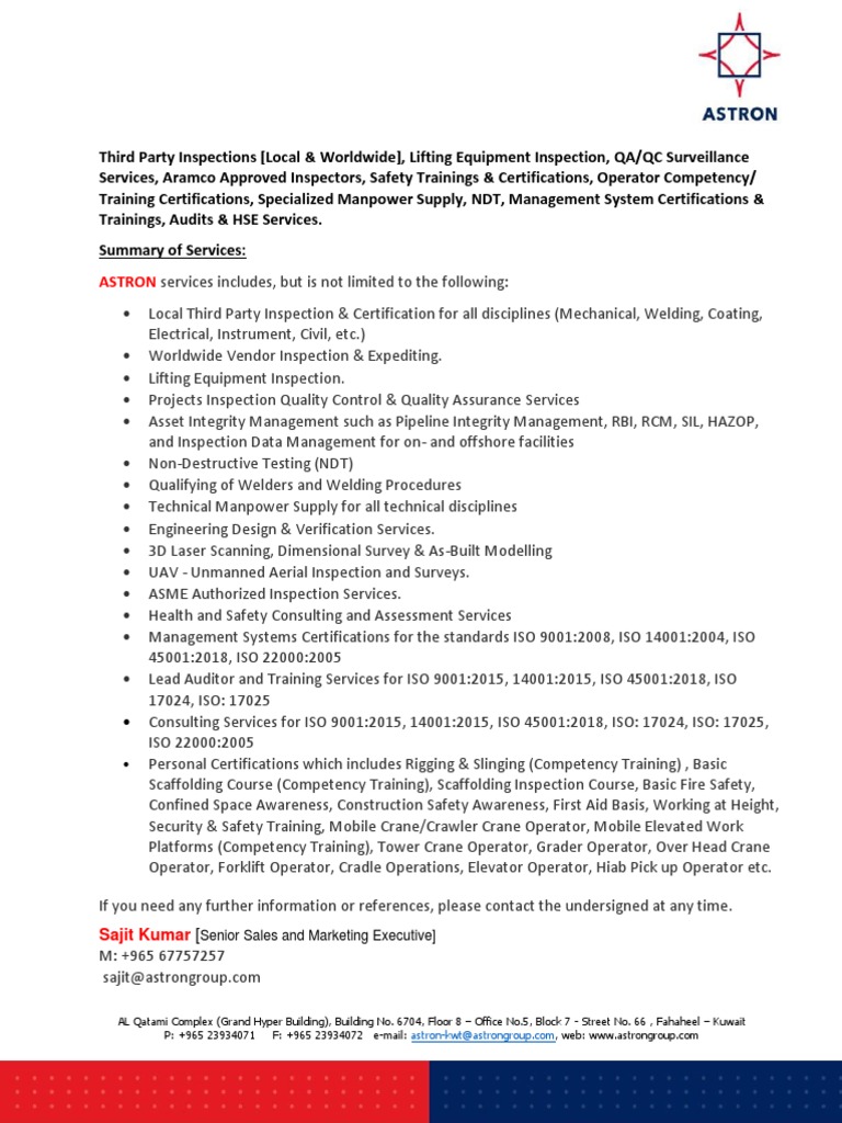 Astron Summary of Services | PDF | Iso 9000 | Crane (Machine)