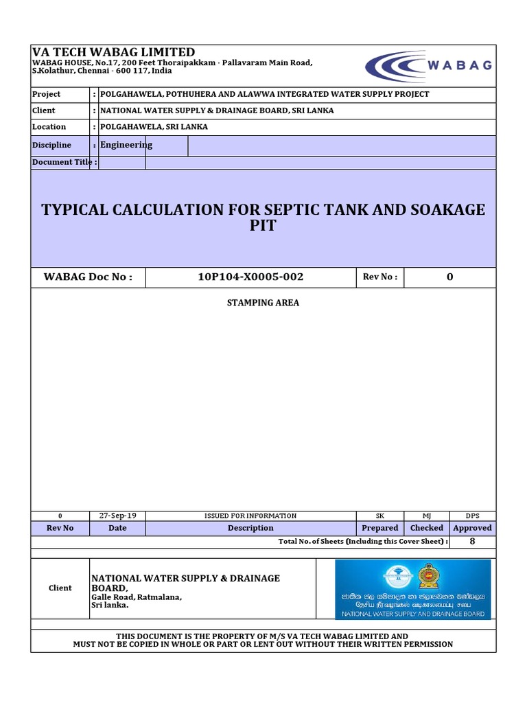 Typical Calculation For Septic Tank and Soakage PIT: Va Tech Wabag ...