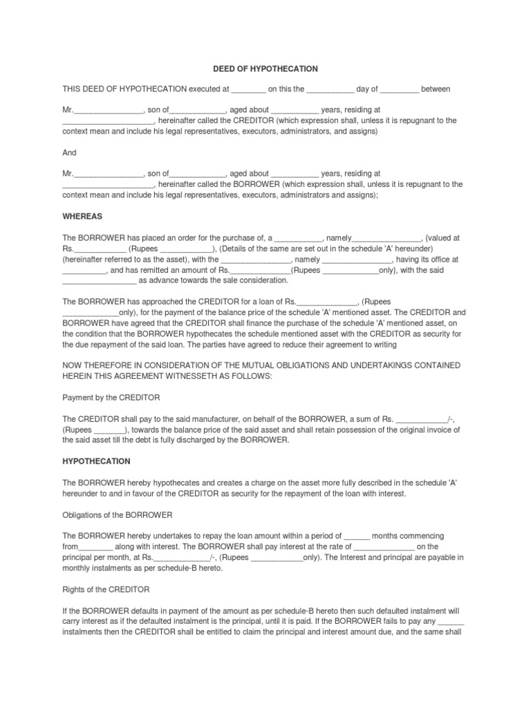 Deed of Hypothecation | Download Free PDF | Debtor | Debt