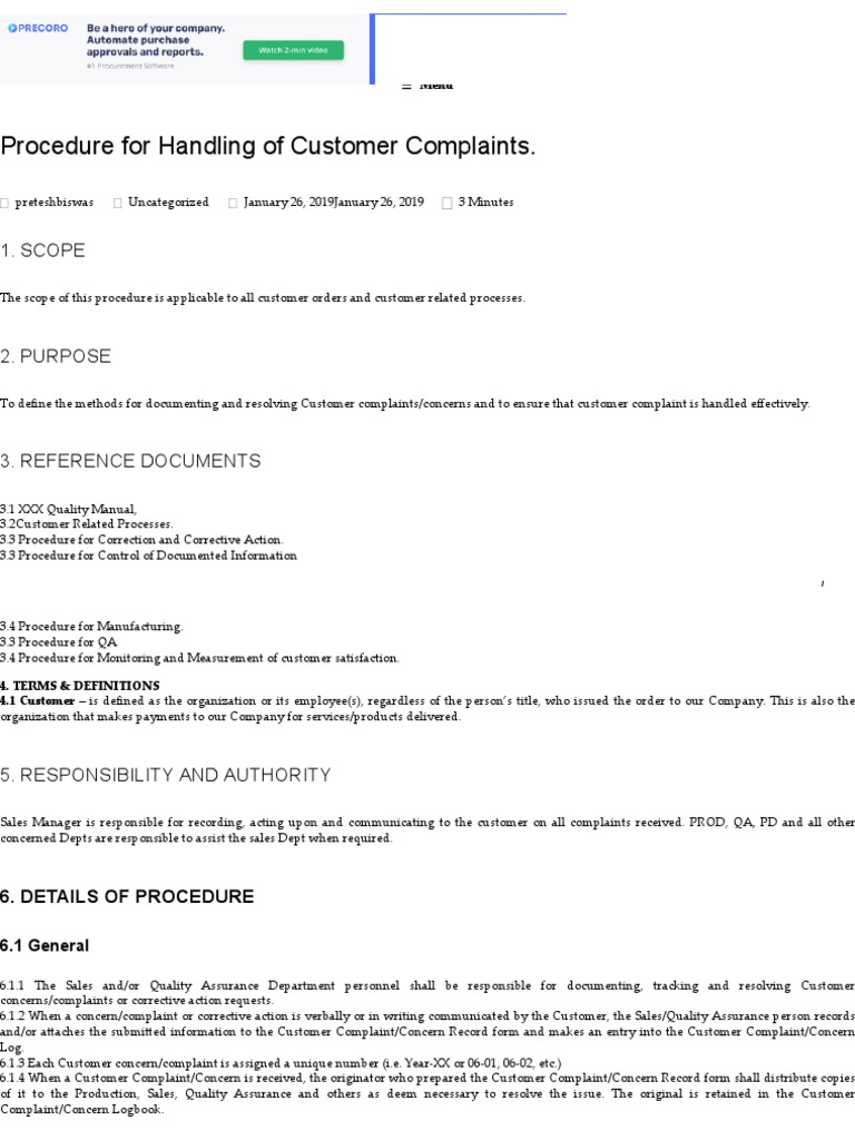 Procedure For Handling of Customer Complaints PDF | PDF | Quality ...