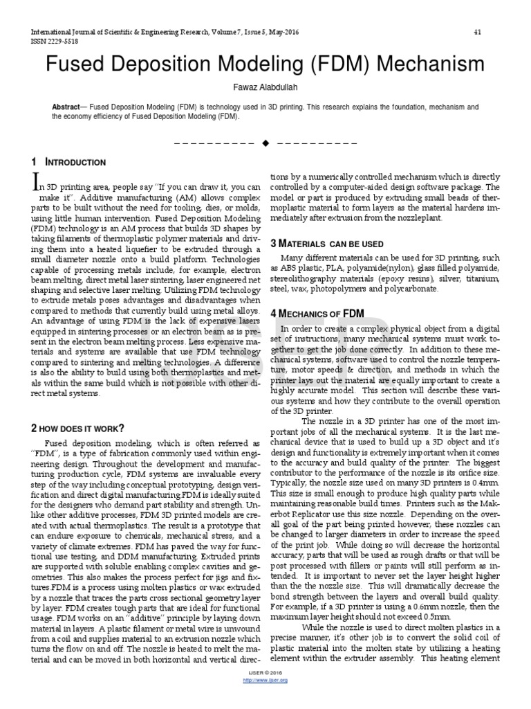 Ijser: Fused Deposition Modeling (FDM) Mechanism | PDF | 3 D Printing ...