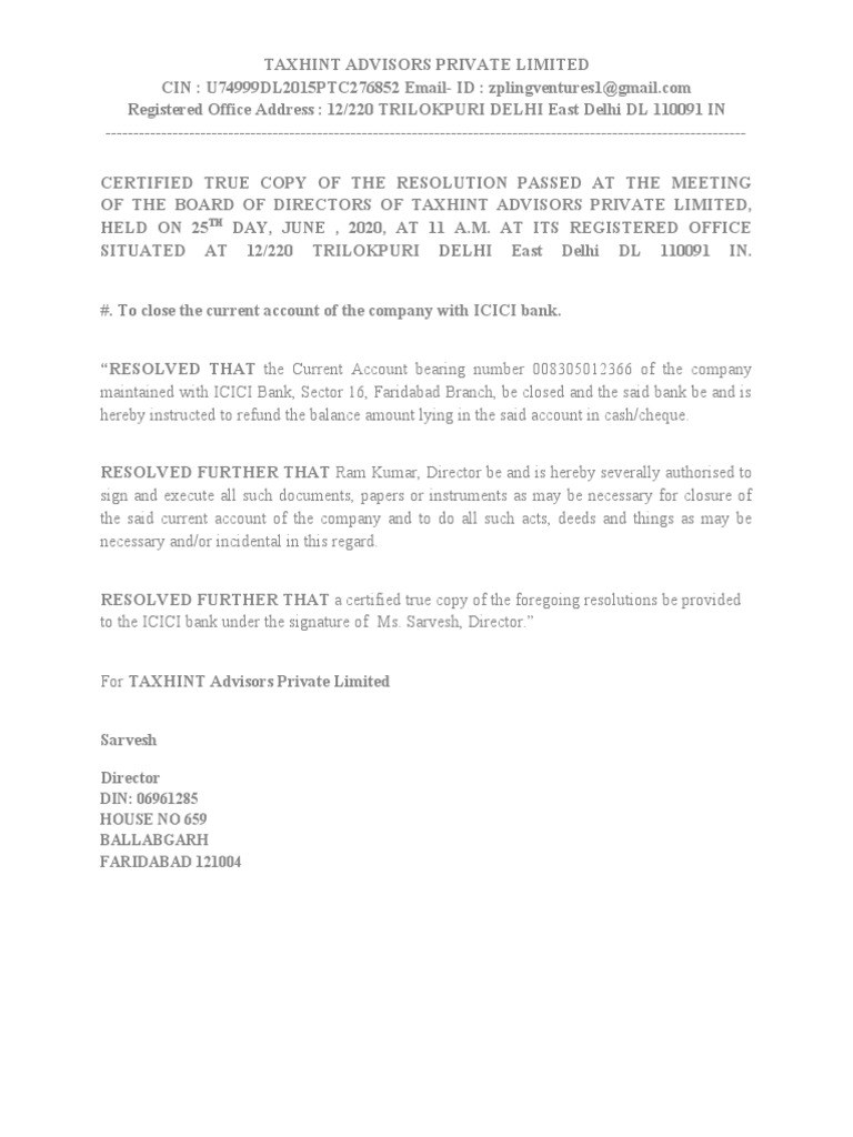 TAX HINT ADVISORS PRIVATE LIMITED - Account Closure Resolution | PDF