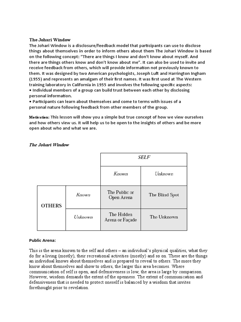 The Johari Window | PDF | Self Awareness | Psychotherapy
