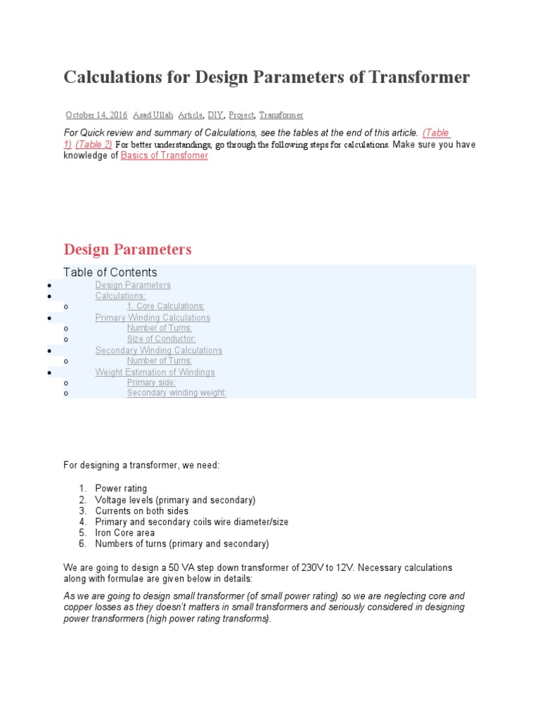 Calculations For Design Parameters of TR | PDF | Transformer ...