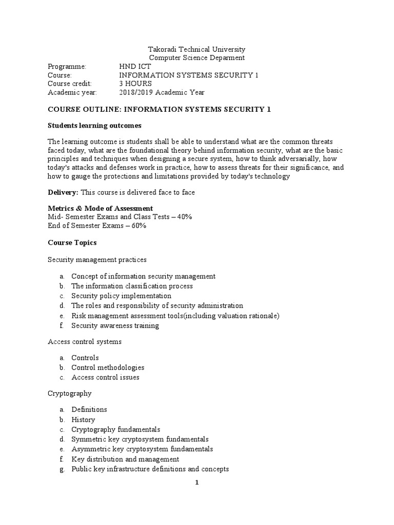 Introduction to Information Systems Security 1: Course Outline and ...