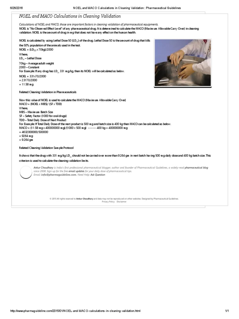 NOEL and MACO Calculations in Cleaning Validation - Pharmaceutical ...
