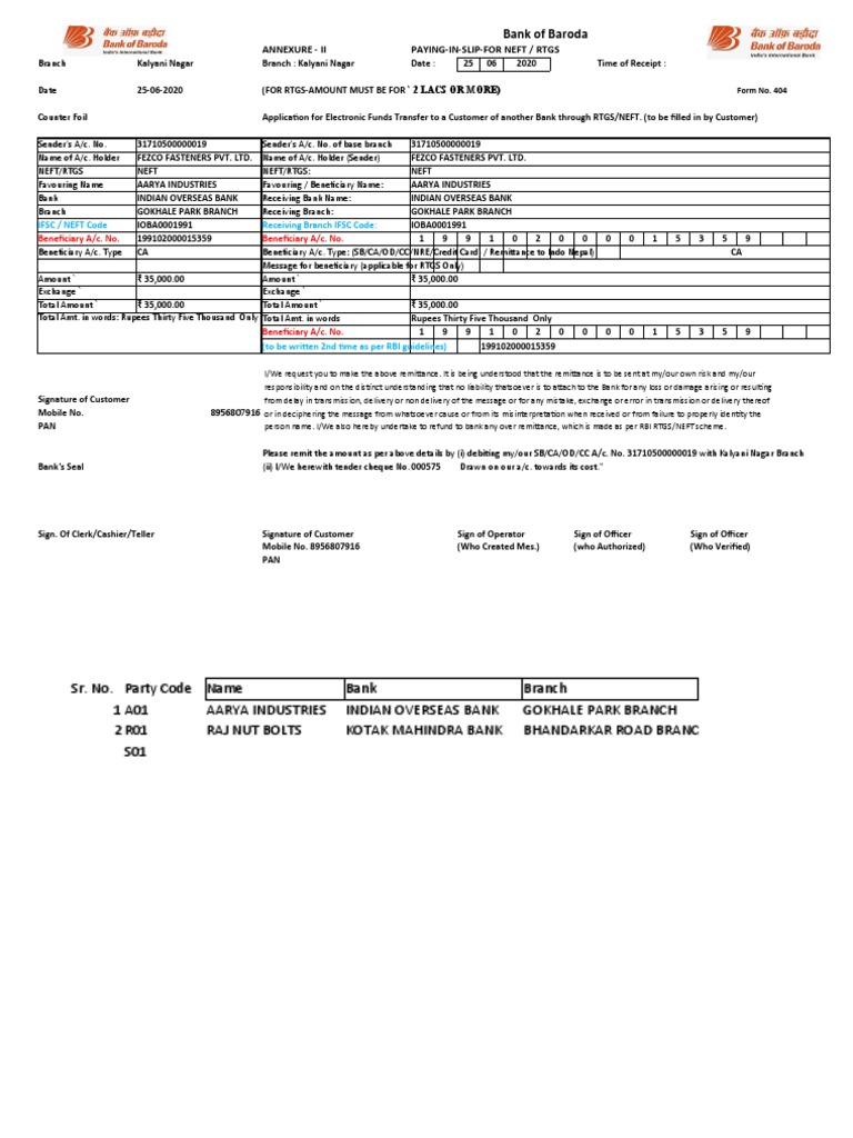 Bank of Baroda: Annexure - Ii Paying-In-Slip-For Neft / Rtgs | PDF ...