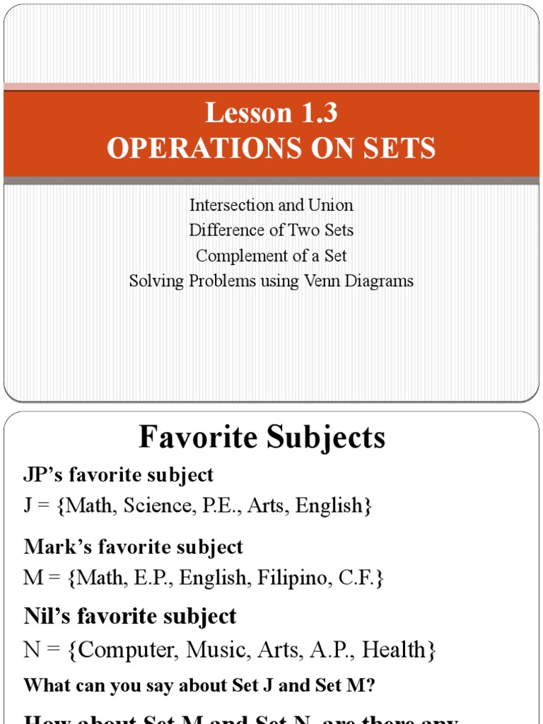 Lesson 1.3 Operations On Sets Part1 | PDF | Formalism (Deductive) | Mathematical Concepts