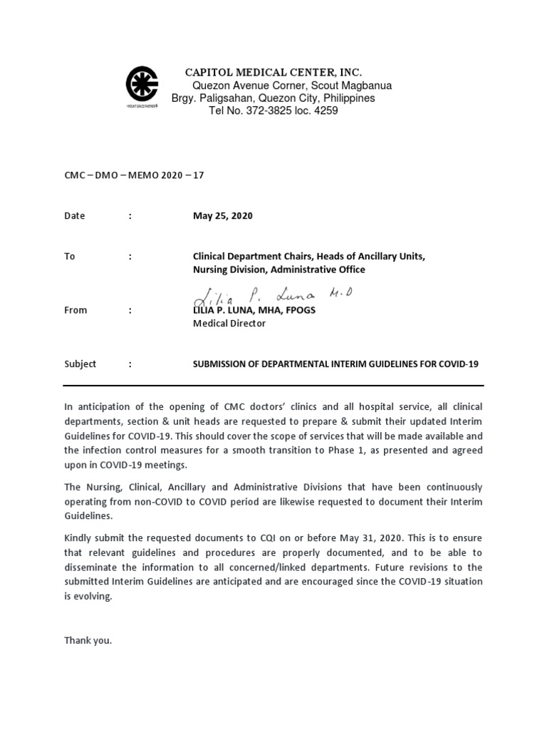 Memo 2020-17 SUBMISSION OF DEPARTMENTAL INTERIM GUIDELINES FOR COVID-19 ...