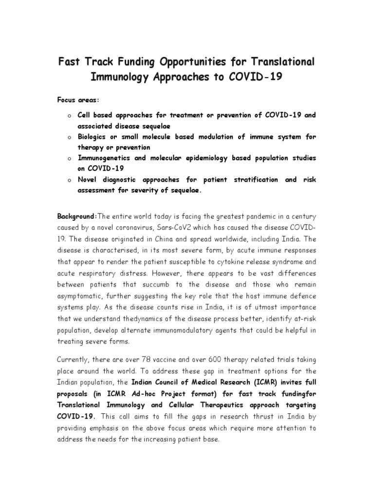 ICMR COVID 19 Call For Proposals V1 | PDF | Immune System | Virus