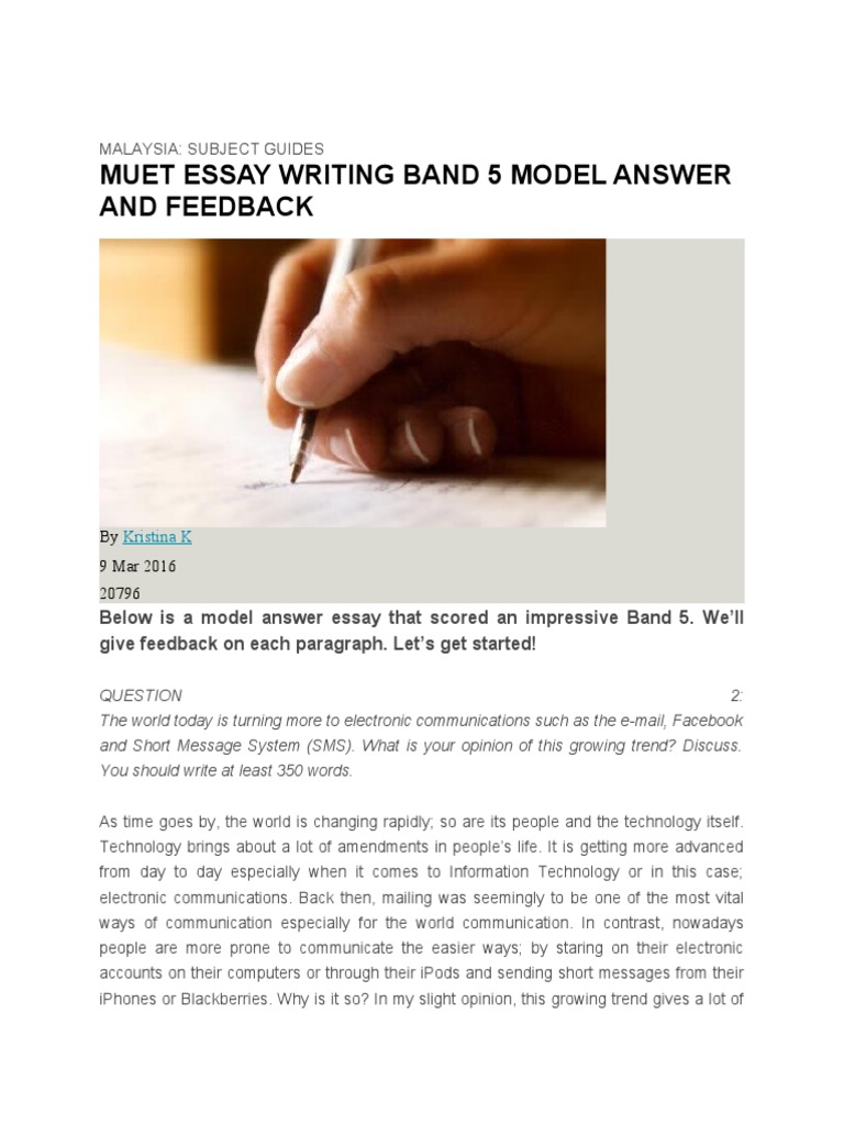 Muet Essay Writing Band 5 Model Answer and Feedback: Kristina K | PDF ...