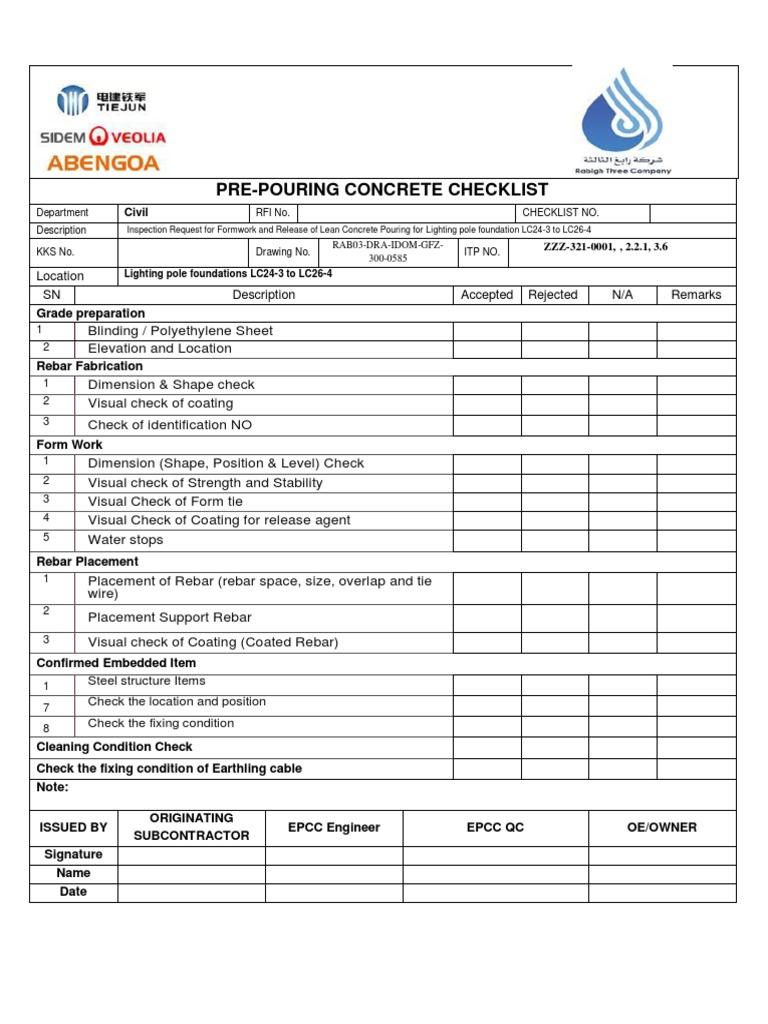 Pre-Pour Concrete Inspection Checklist | PDF | Technology & Engineering