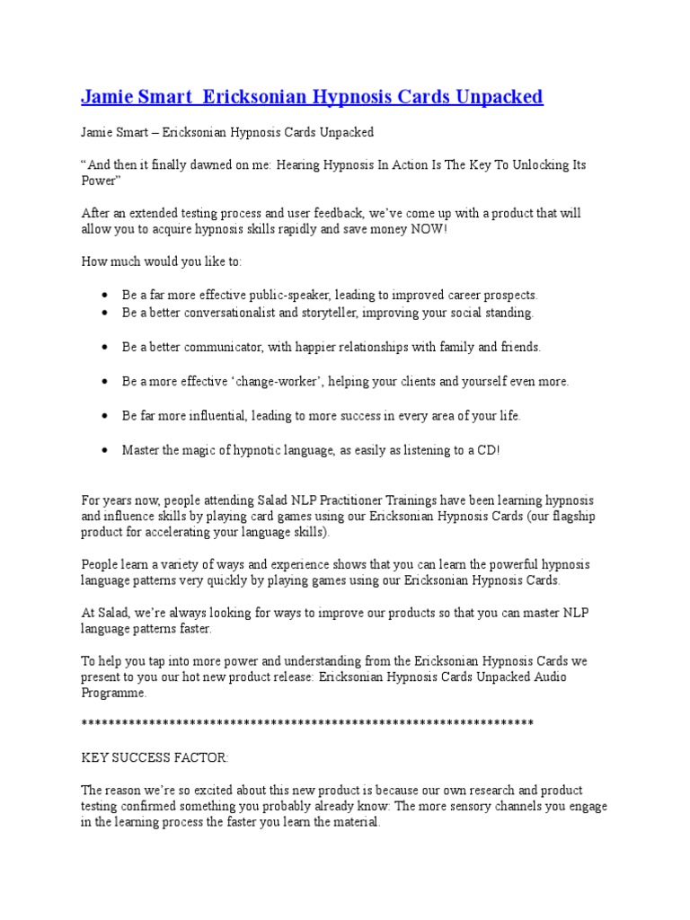 Jamie Smart Ericksonian Hypnosis Cards Unpacked | PDF | Hypnosis ...