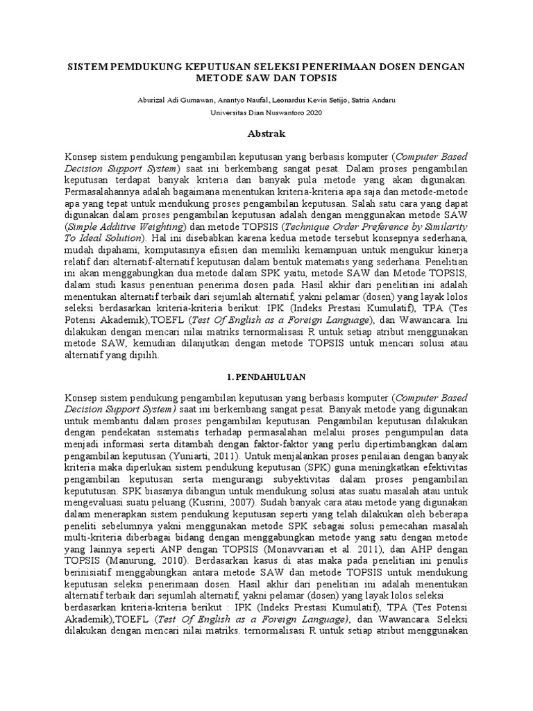 Sistem Pendukung Keputusan Seleksi Penerimaan Dosen Dengan Metode Saw Dan Topsis | PDF
