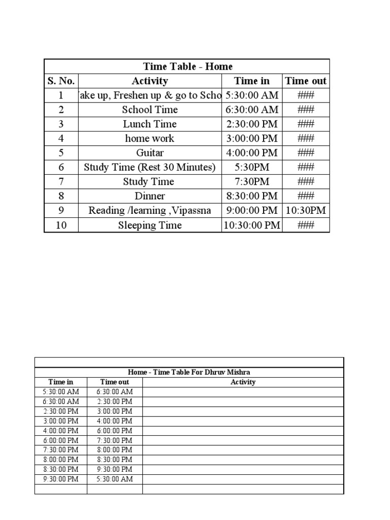 Time Table - Home S. No. Activity Time in Time Out | PDF | Food And ...