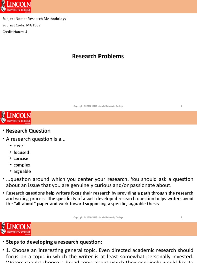 Research Problems: Subject Name: Research Methodology Subject Code: MGT507 Credit Hours: 4 | PDF ...