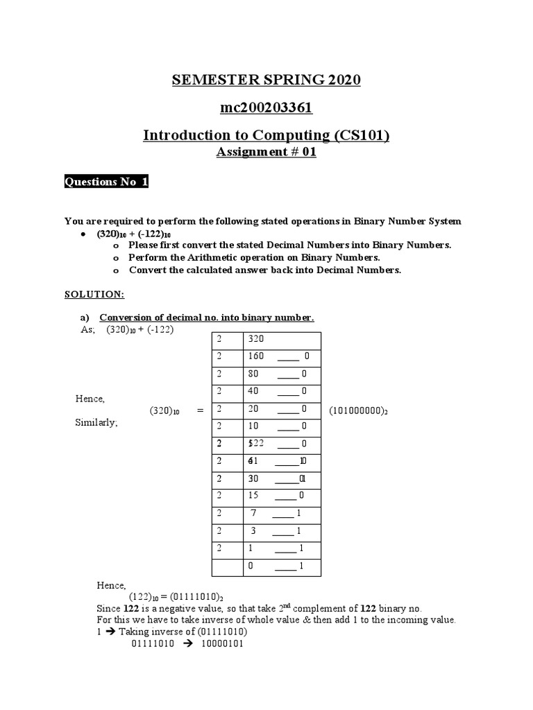 Semester Spring 2020 mc200203361 Introduction To Computing (CS101) | PDF | Arithmetic | Decimal