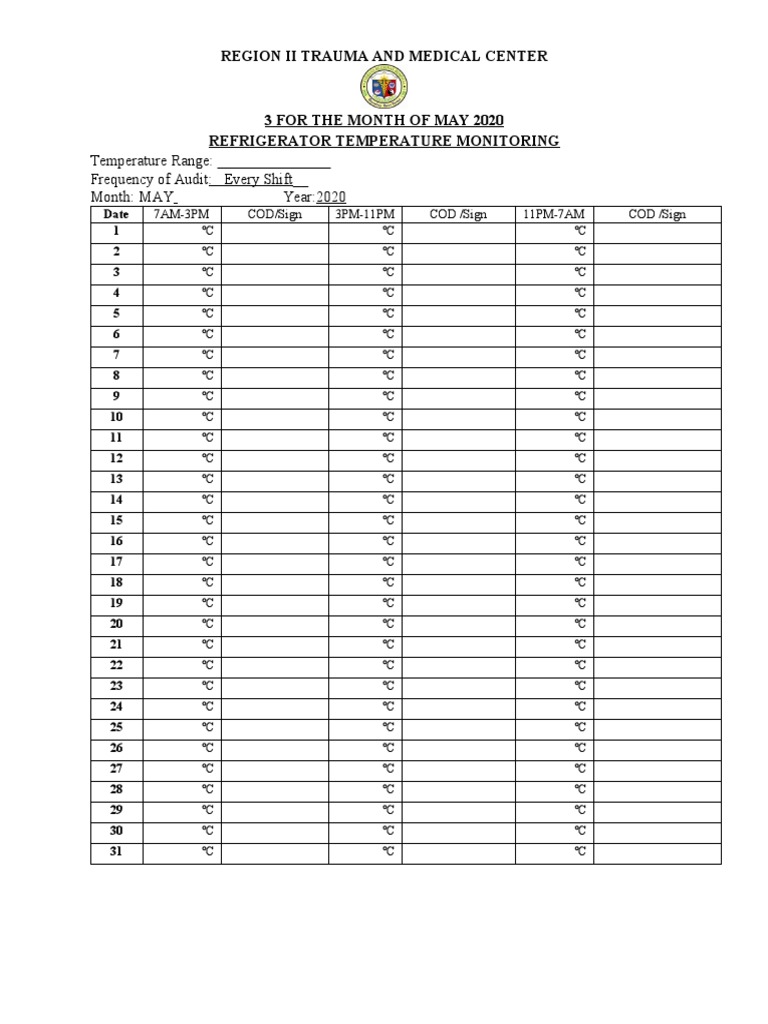 May 2020 Refrigerator Temp Log | PDF