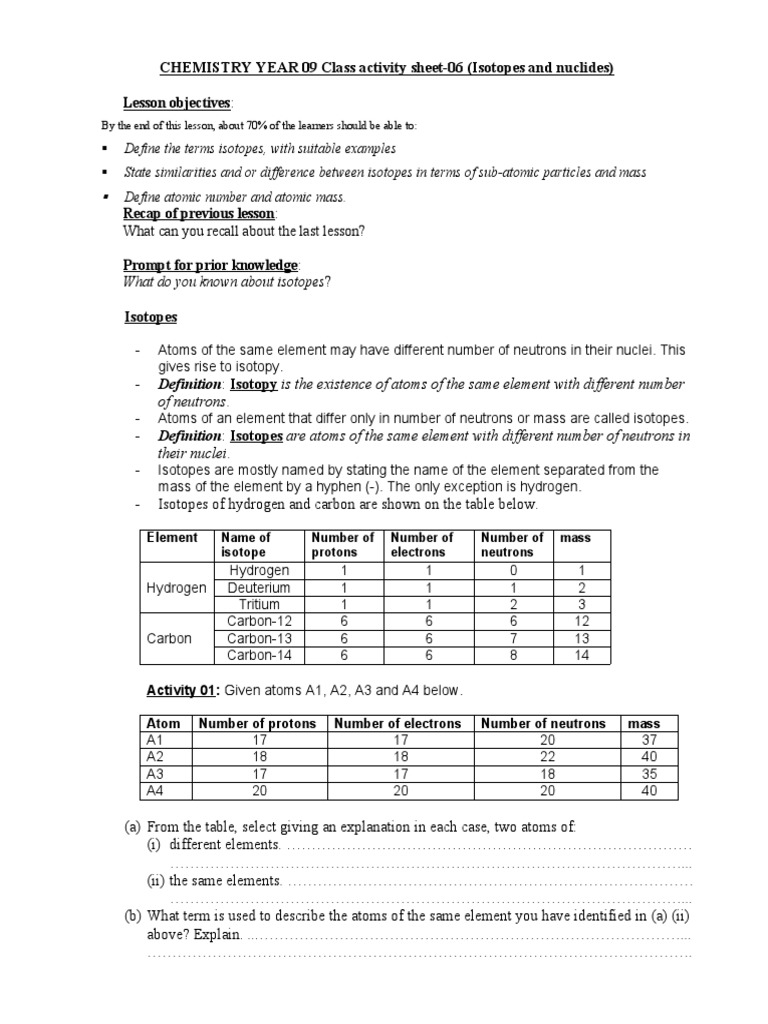 CHEMISTRY YEAR 09 Class Activity Sheet-06 (Isotopes and Nuclides) | PDF ...