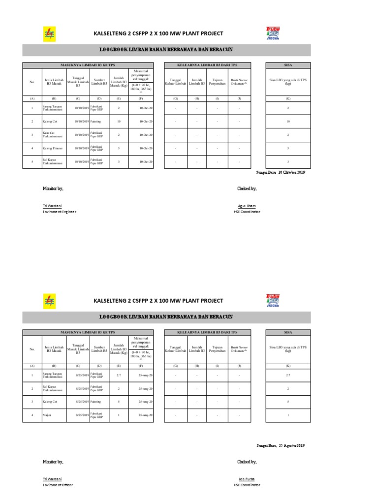 Log Book (Lembar Perjalanan Limbah B3) | PDF