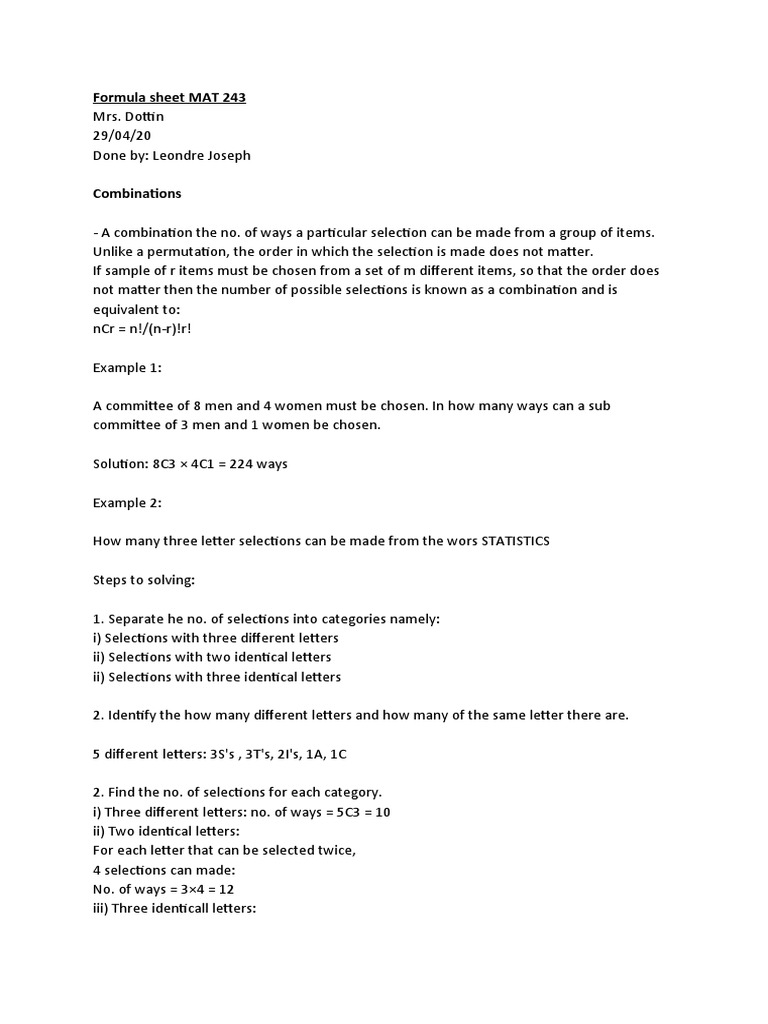 Formula Sheet 243 | PDF | Matrix (Mathematics) | Matrix Theory