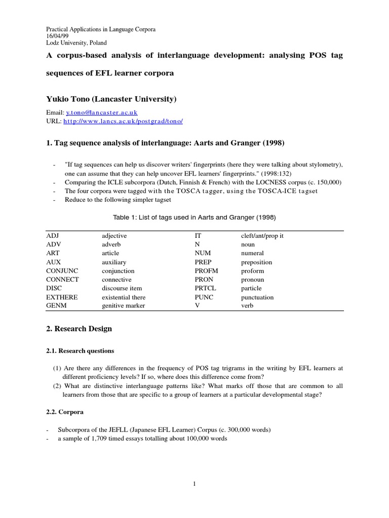 A Corpus-Based Analysis of Interlanguage Development: Analysing POS Tag Sequences of EFL Learner ...