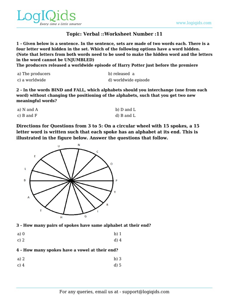 Verbal Reasoning Worksheet With Hidden Words And Spokes Puzzle | PDF ...