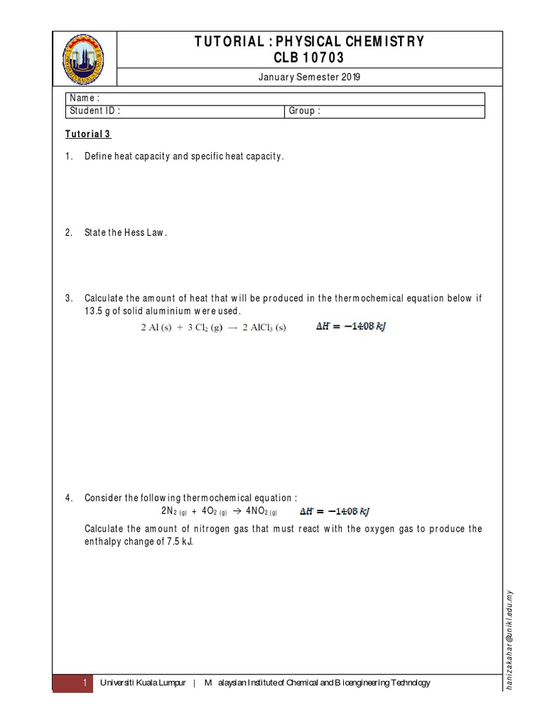 Tutorial 3 PC January 2019 | PDF | Enthalpy | Combustion