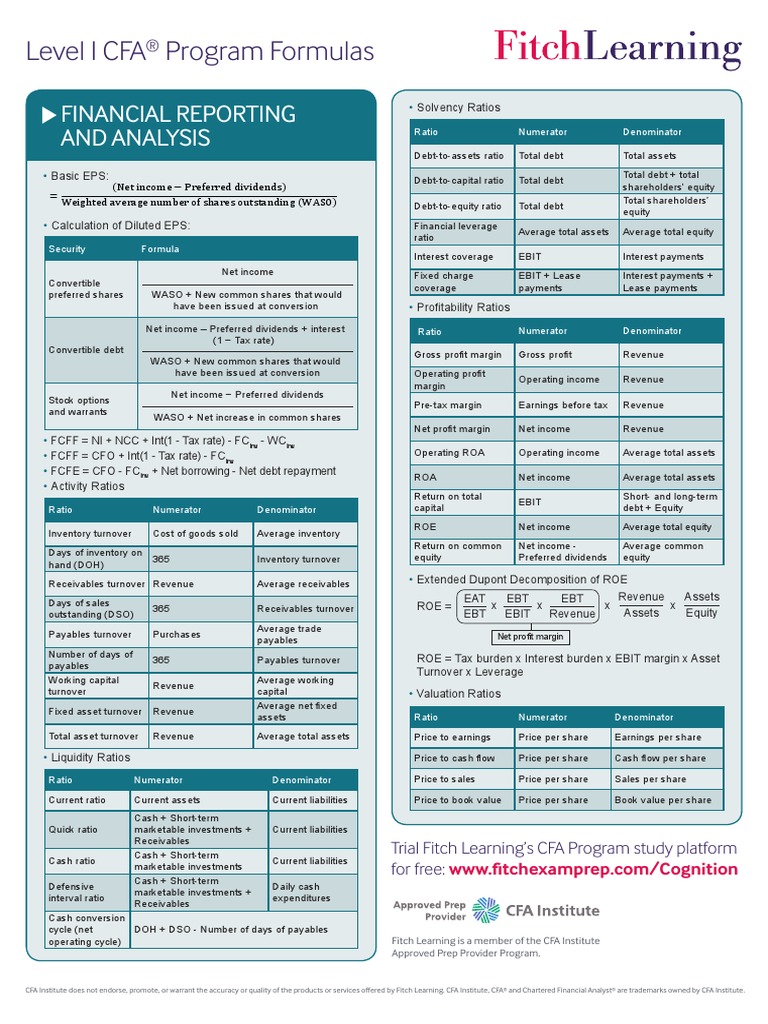 Level I Cfa Program Formulas Financial Reporting And Analysis Pdf
