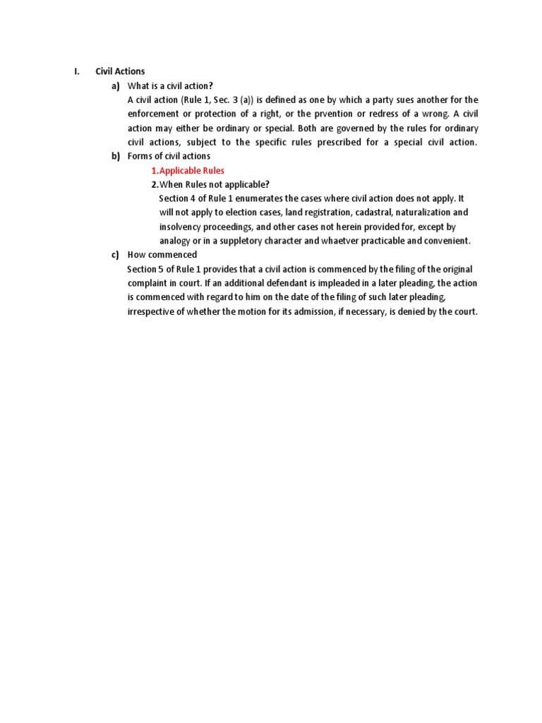 I. Civil Actions A) What Is A Civil Action?: 1. Applicable Rules | PDF ...