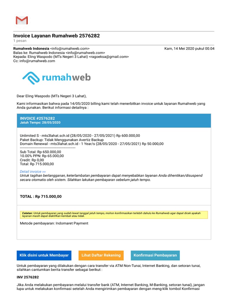 Gmail - Invoice Layanan Rumahweb 2576282 PDF | PDF