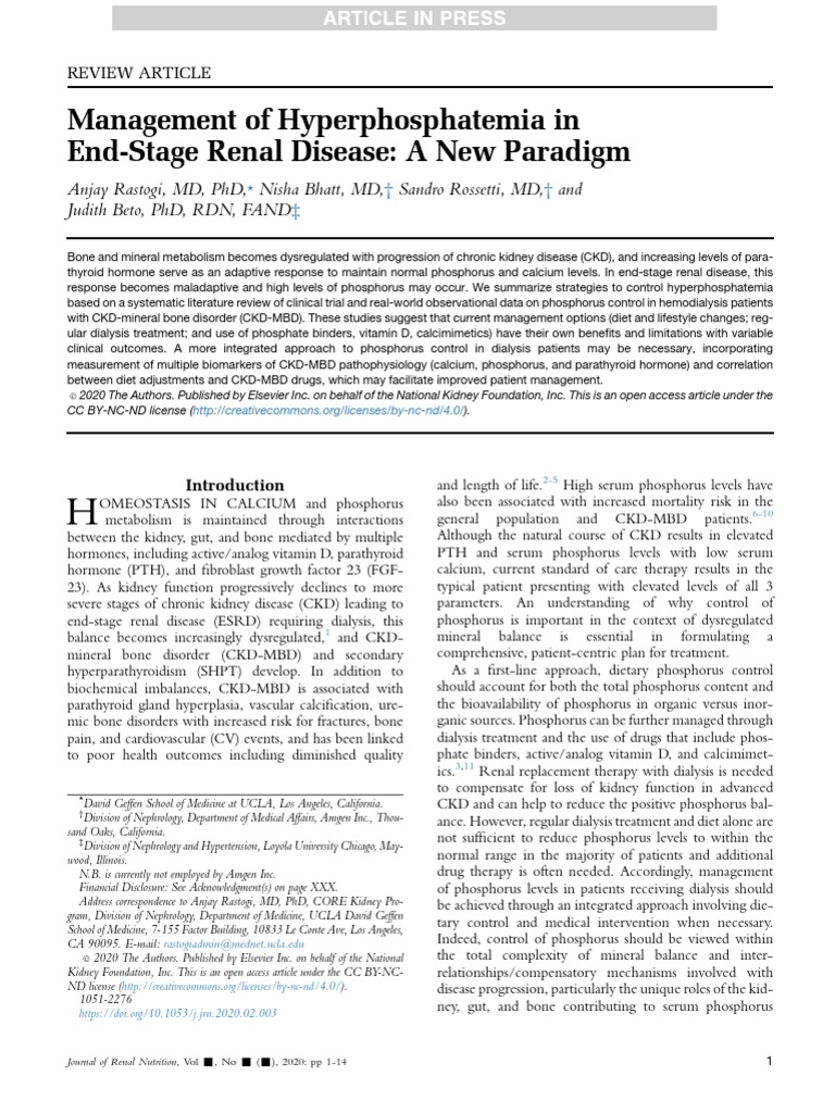 Management of Hyperphosphatemia in End-Stage Renal Disease A New ...