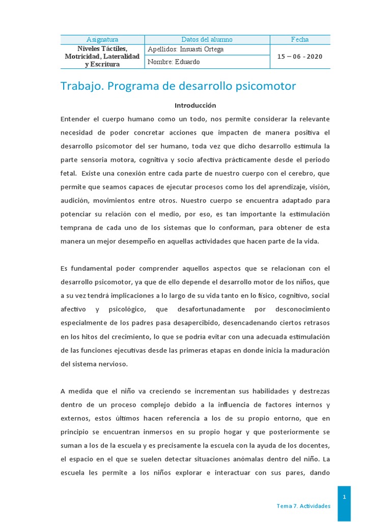 Programa de Desarrollo Psicomotor | PDF | Educación primaria | Aprendizaje