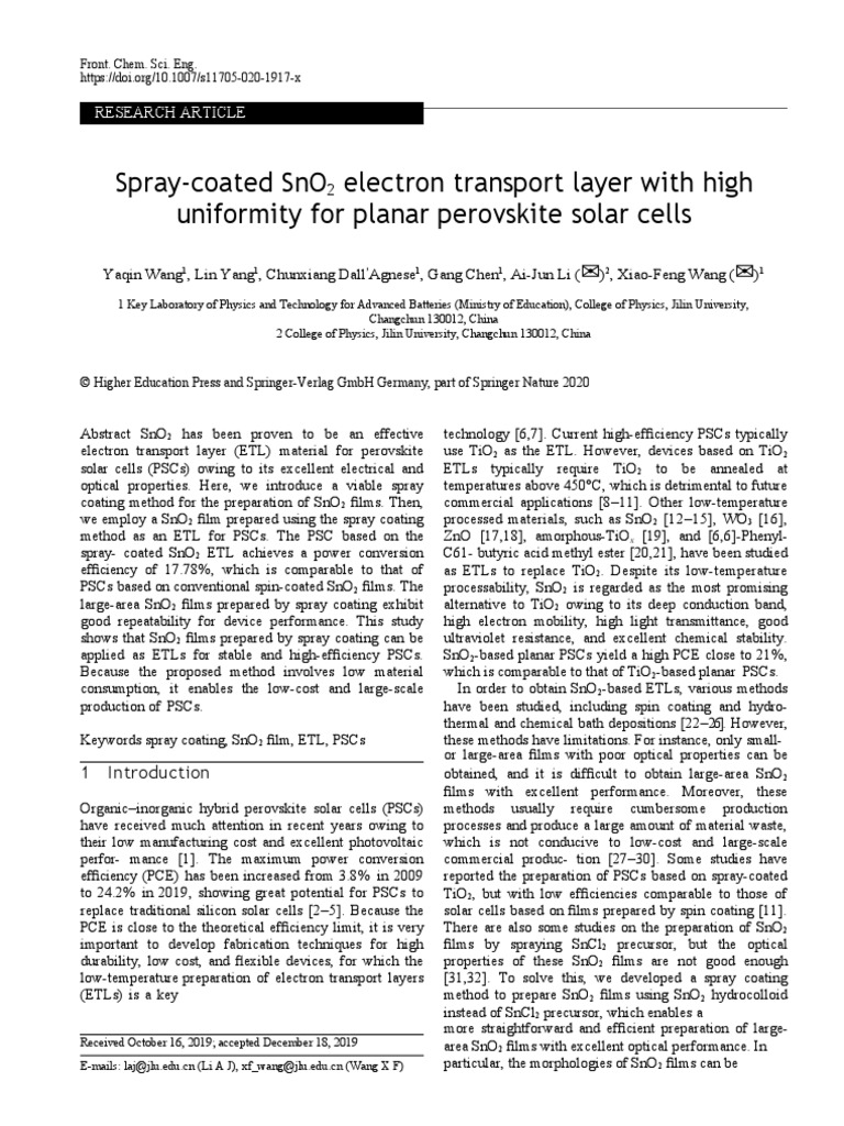 Wang Et Al. - 2020 - Spray-Coated SnO2 Electron Transport Layer With High Uniformity For Planar ...