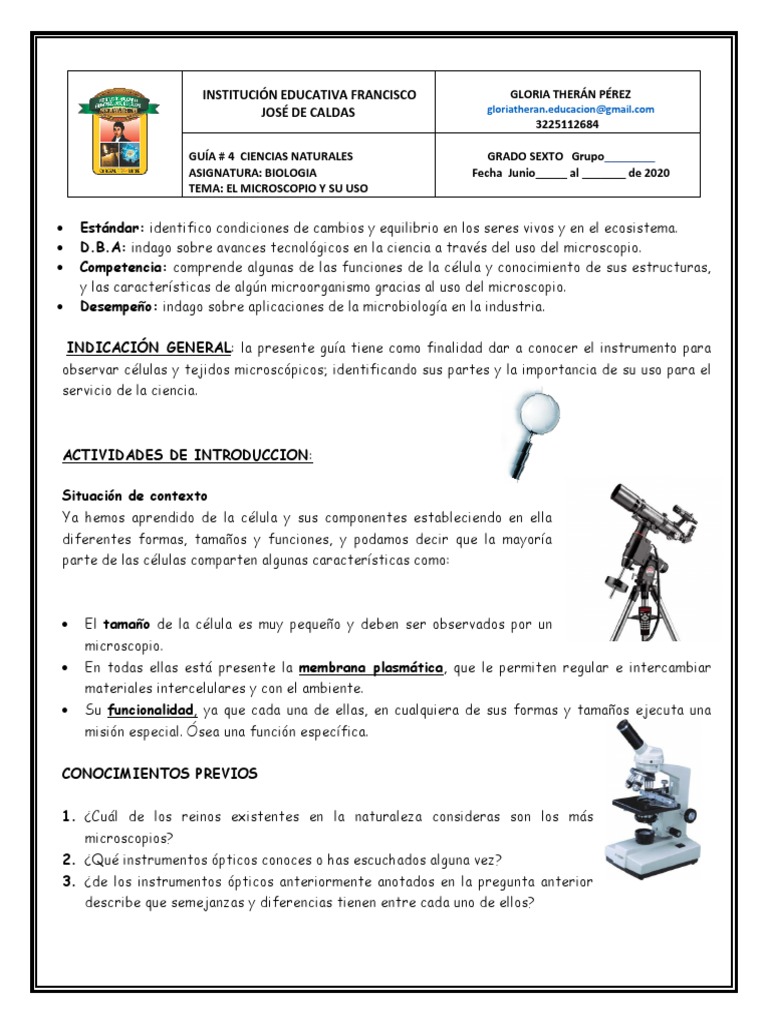 Hojas De Trabajo Sobre Microscopio Para La Escuela Secundaria MANUAL