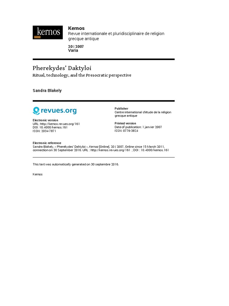 Pherekydes' Daktyloi: Kernos | PDF | Pythagoras | Zeus