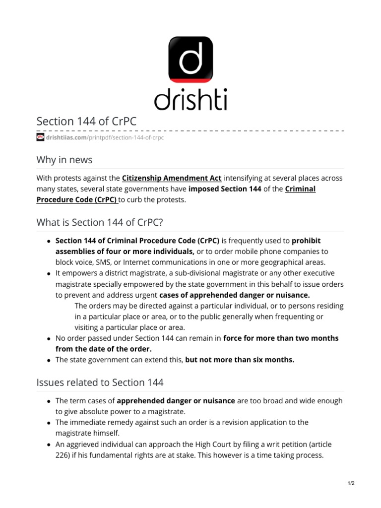 Section 144 of CRPC: Why in News | PDF | Government Information ...