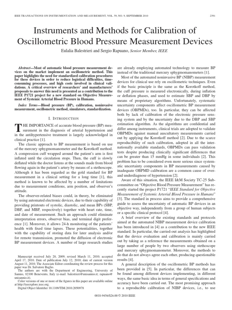 Instruments and Methods For Calibration of Oscillometric Blood Pressure ...
