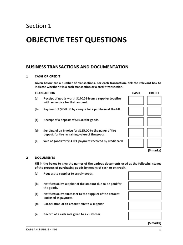 Objective Test Questions: Section 1 | PDF | Expense | Debits And Credits