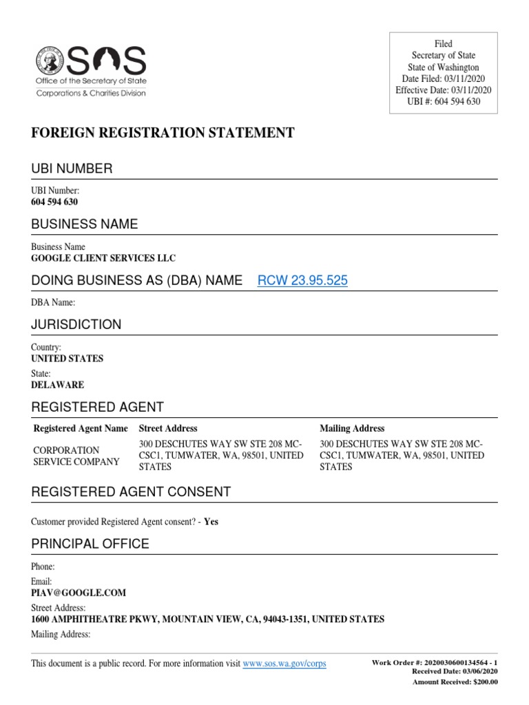 Foreign Registration Statement: Ubi Number | PDF | Registered Agent ...