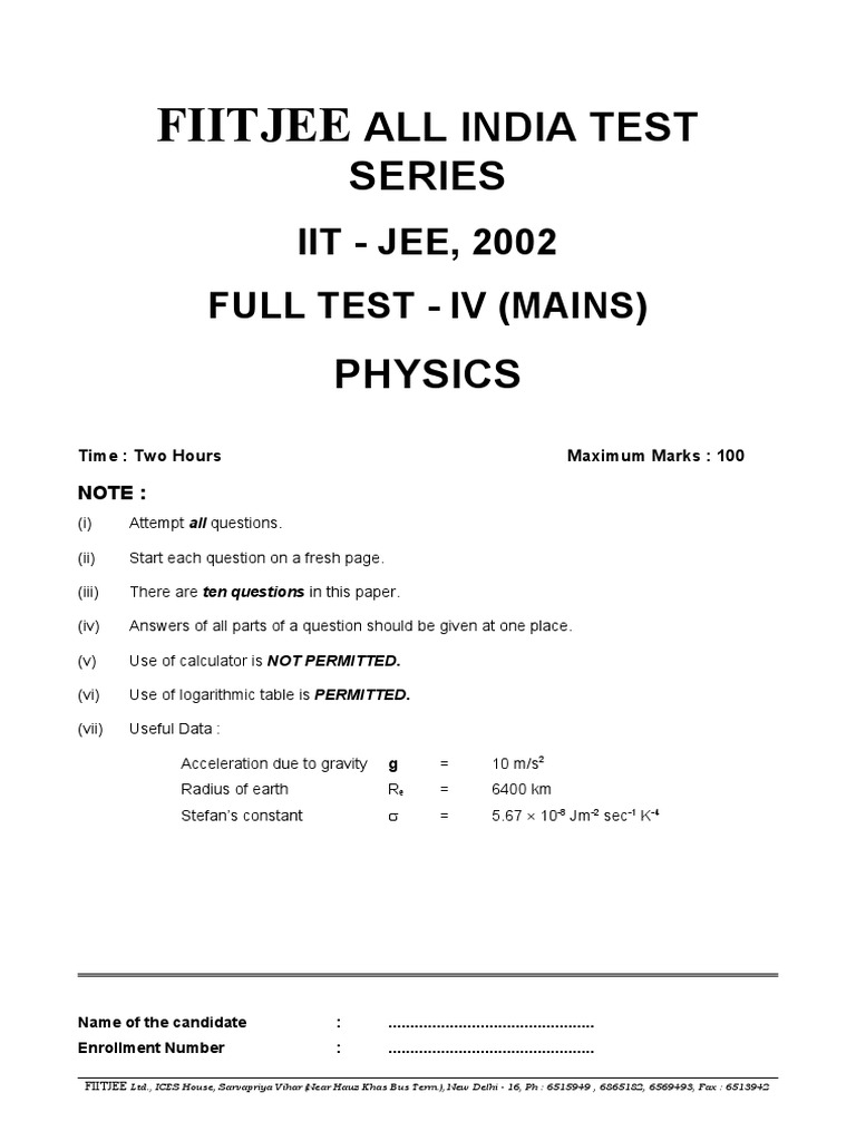 Fiitjee: All India Test Series | PDF | Quantity | Physical Phenomena