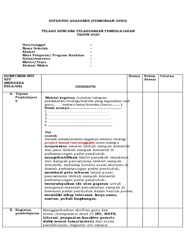 01 Instrumen Telaah RPP 1 Lembar | PDF