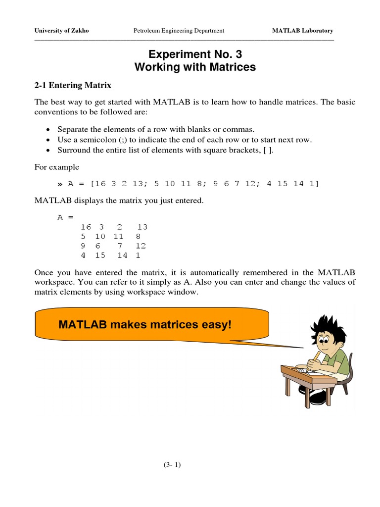 Experiment No. 3 Working With Matrices: 2-1 Entering Matrix | PDF | Matlab | Matrix (Mathematics)