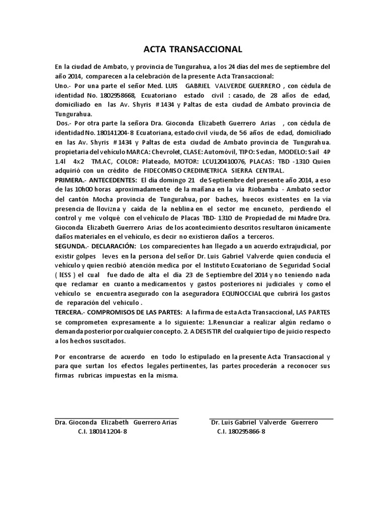 Acta Transaccional por Accidente de Tránsito | PDF | Ecuador