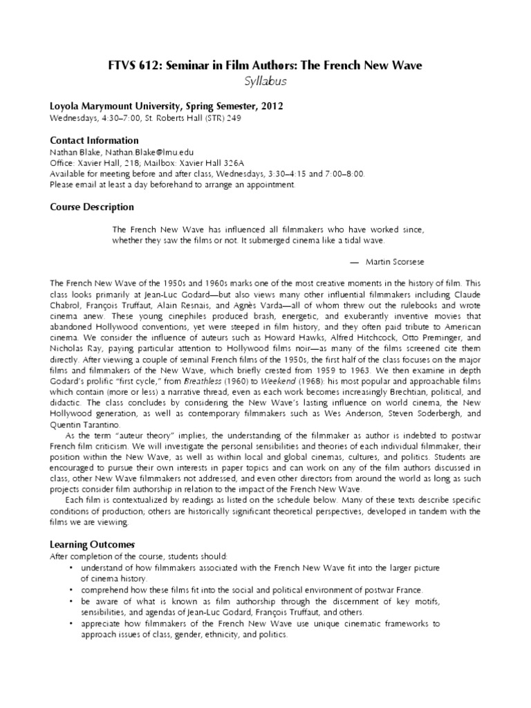 French New Wave Film Seminar Syllabus | PDF | Jean Luc Godard ...